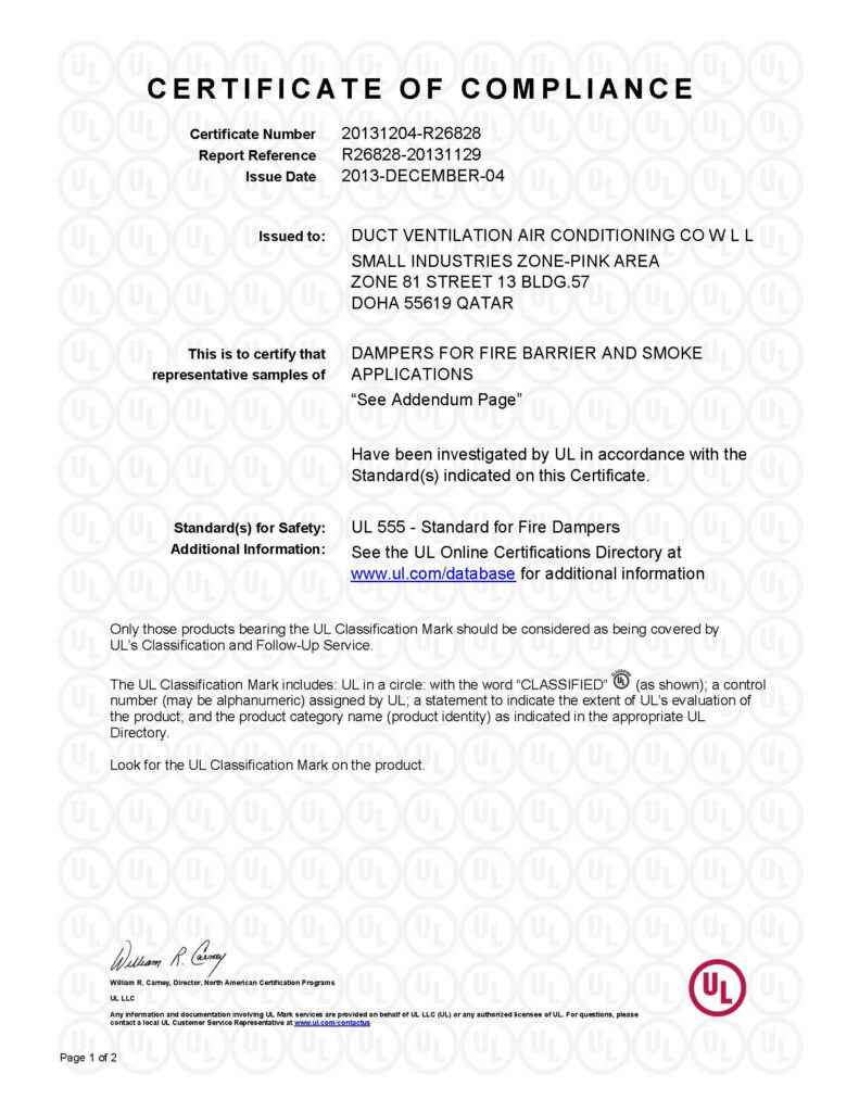 UL Certificate – Fire Dampers – DVAC Co (W.L.L.)